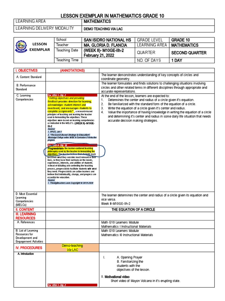Lesson-Exemplar-In-Math-10 For Cot 1 | PDF | Constructivism (Philosophy ...