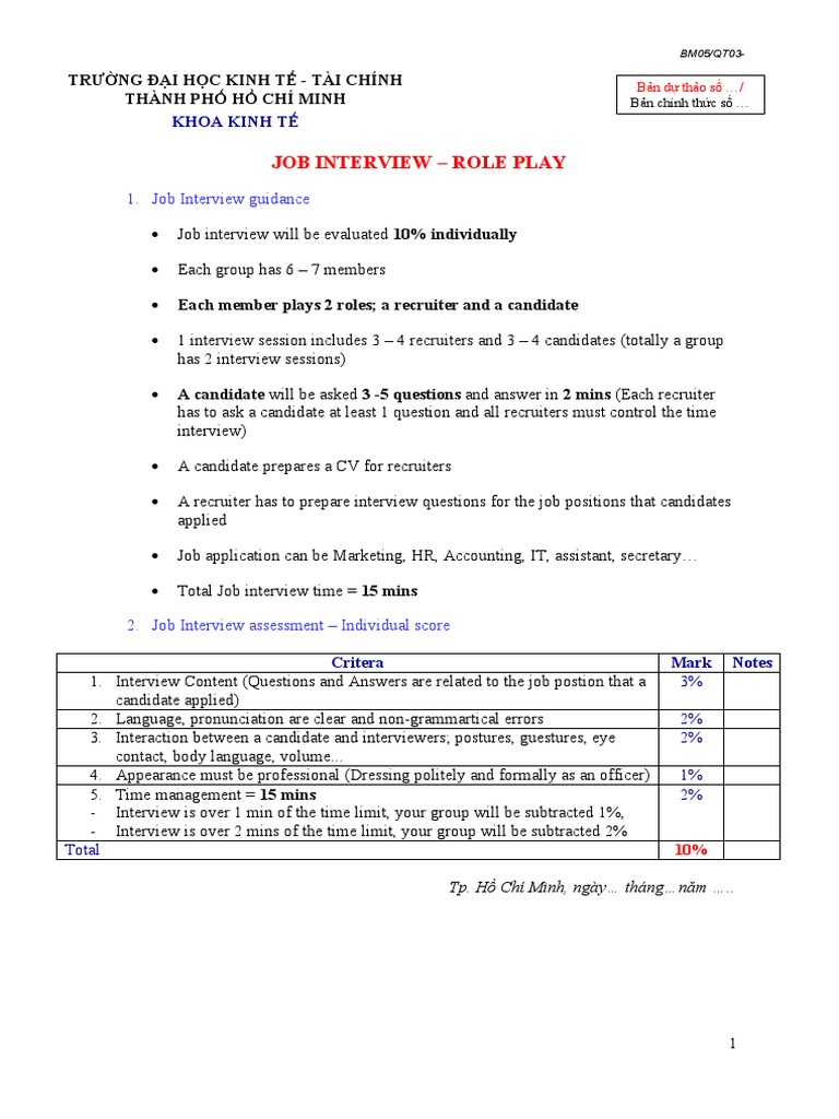 INTERVIEW - Role Play - Ms - ANH | PDF | Job Interview | Communication