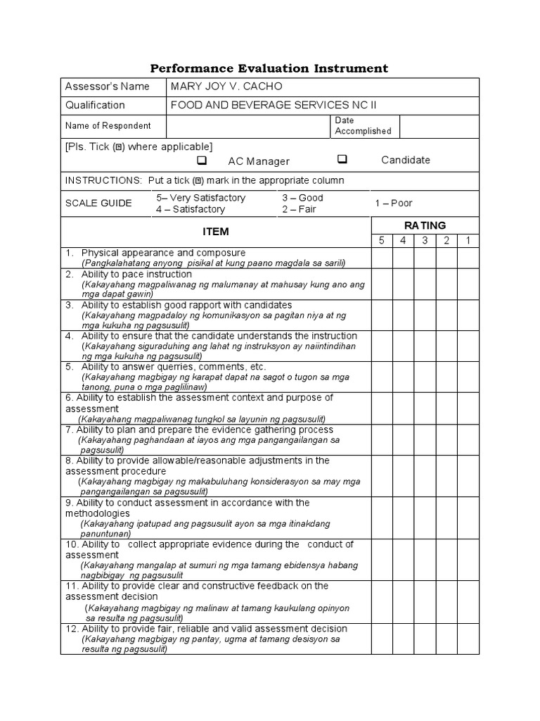 Performance Evaluation Instrument Pdf