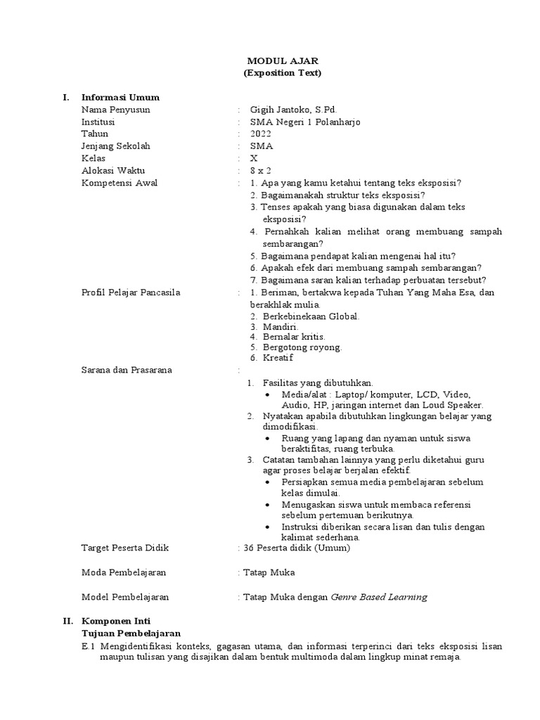 Modul Ajar Teks Eksposisi Kelas 10 | PDF