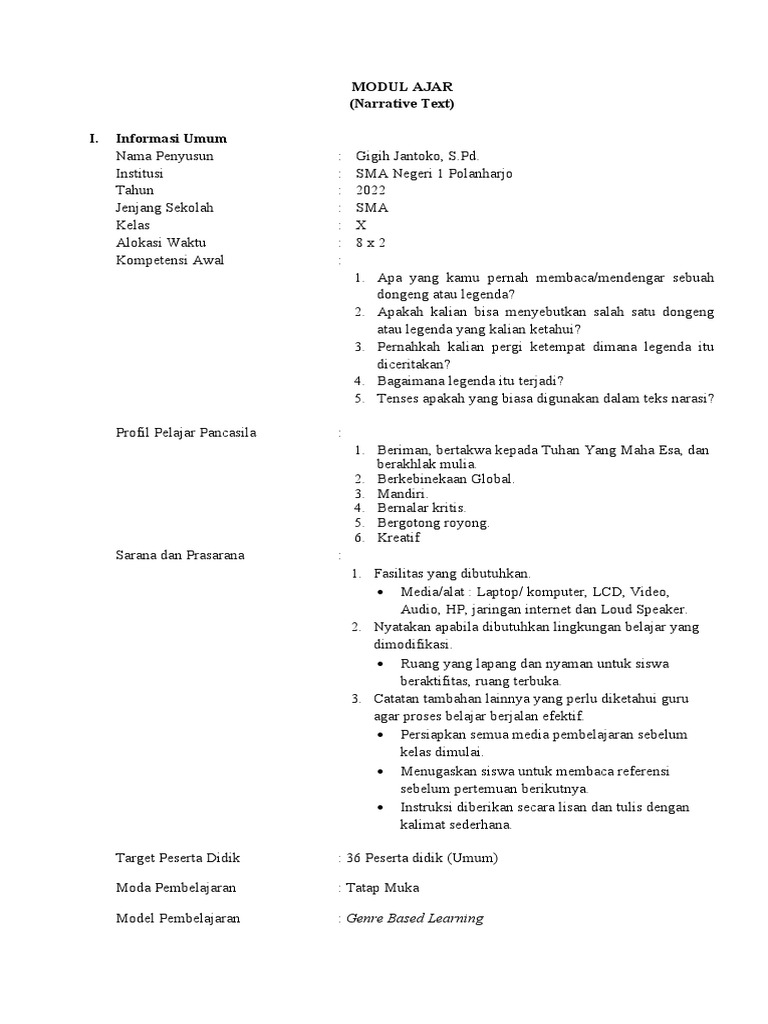 Modul Ajar - Bahasa Inggris (Narrative) | PDF