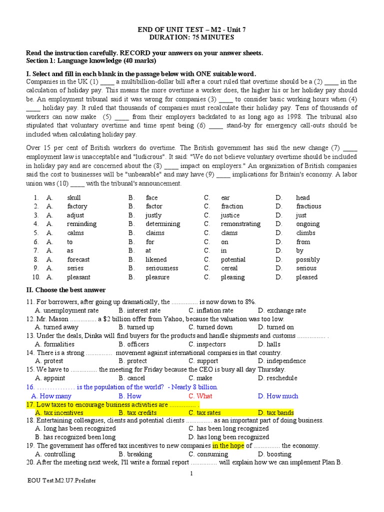 Unit 7 Language Knowledge Test | PDF | Overtime | Economic Growth