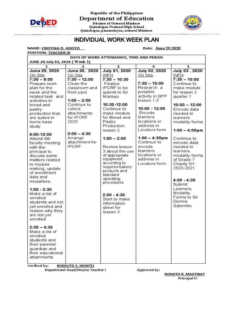 Week 5 INDIVIDUAL-WORK-WEEK-PLAN Copy 3 | PDF | Teachers | Behavior ...
