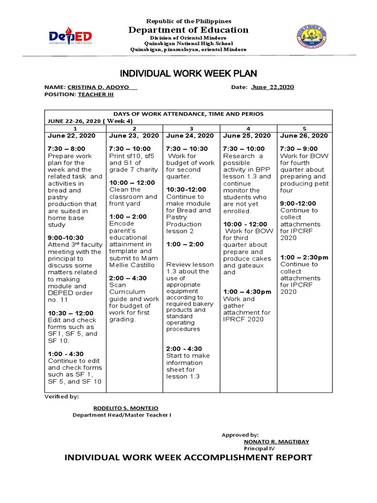 Week 4 INDIVIDUAL-WORK-WEEK-PLAN Copy 2 | PDF