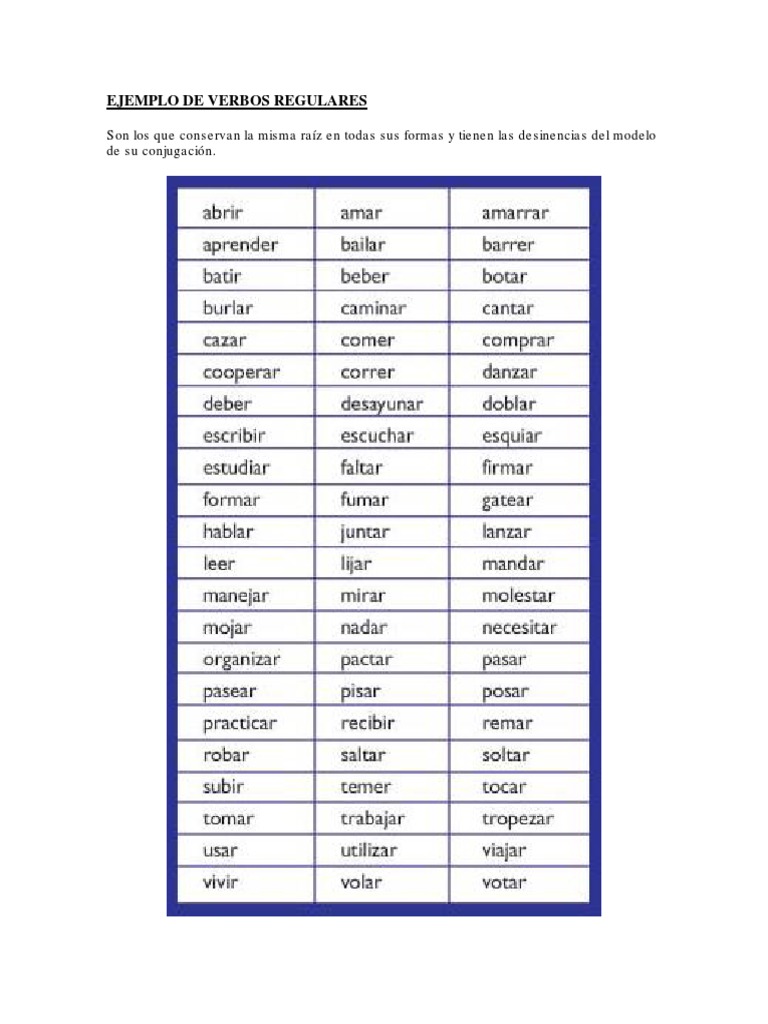 Ejemplo De Verbos Regulares E Irregulares Pdf