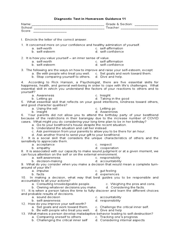 HG 11 Diagnostic Test | PDF | Self Esteem | Social Psychology