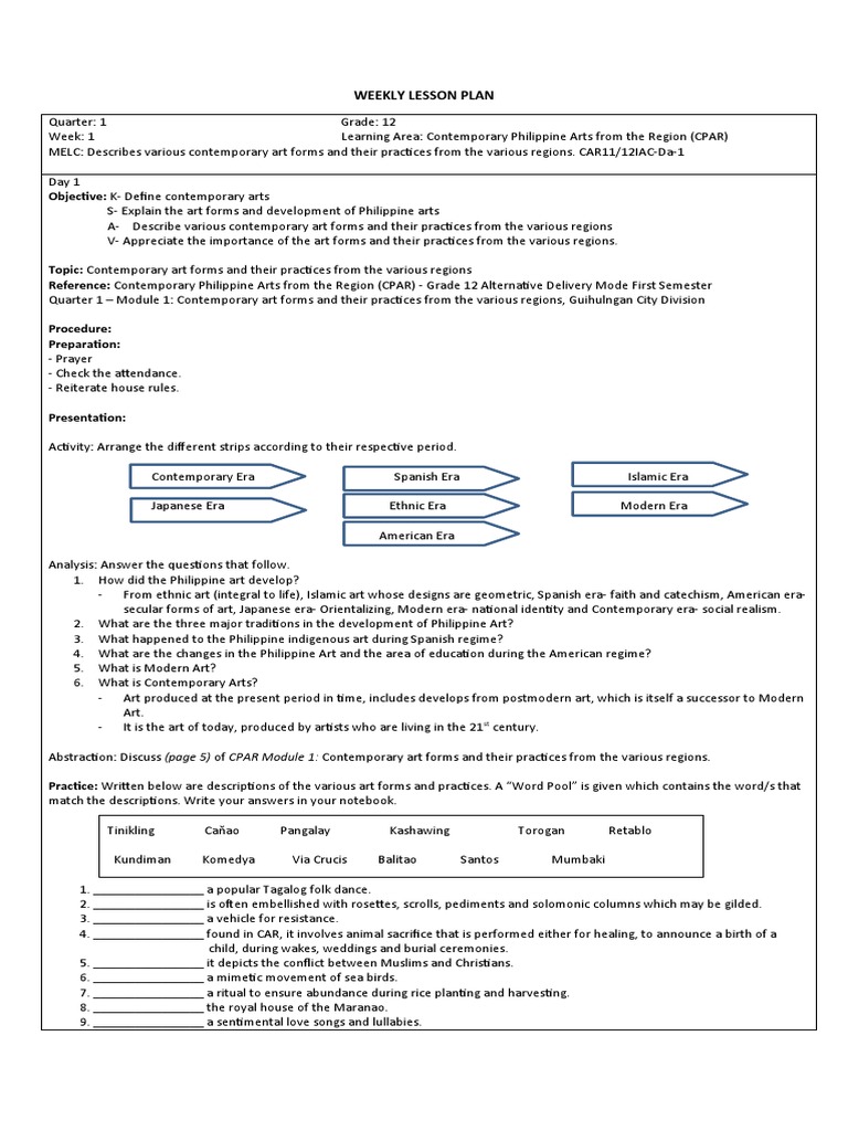 Cpar-Day1-Weekly Lesson Plan | PDF