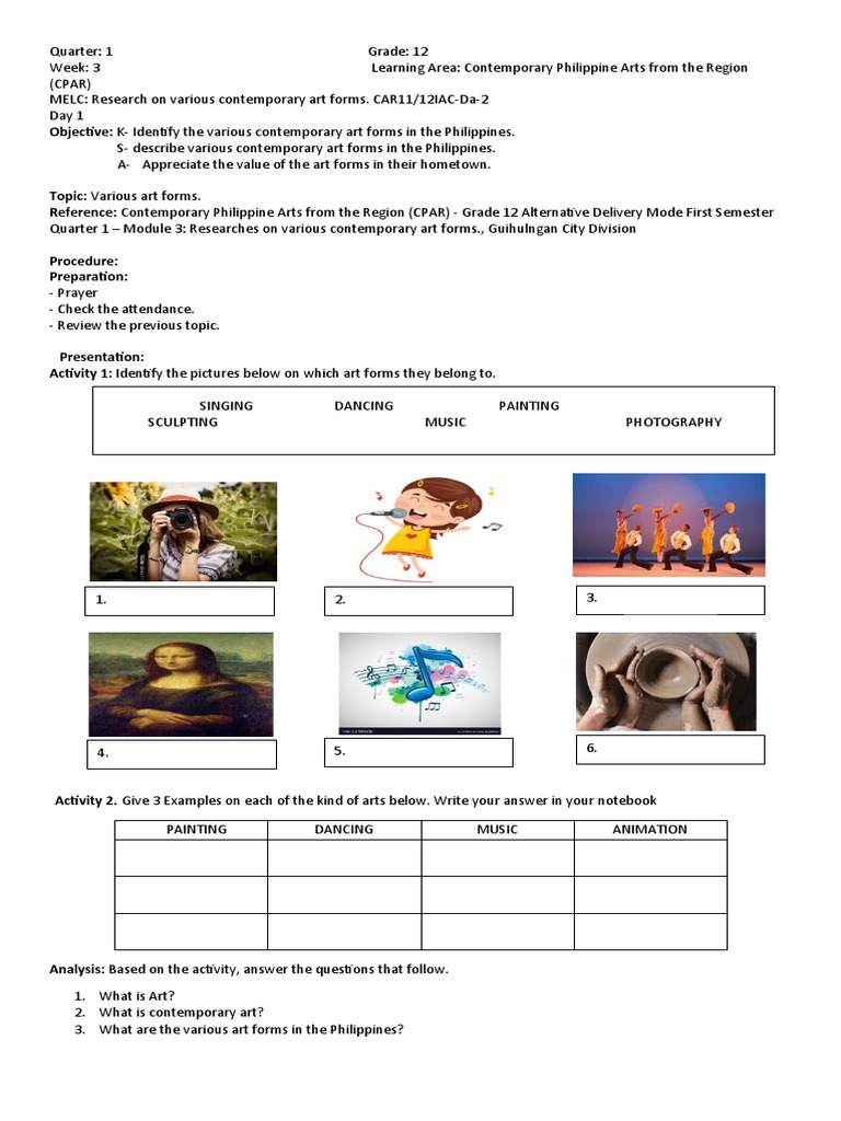 Grade 12 Contemporary Art Lesson Plan | PDF | The Arts | Cognition