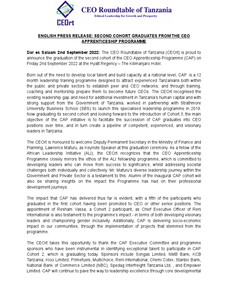 CEOrt - CAP 2 Graduation Press Release - Sep 2022 | PDF | Tanzania ...
