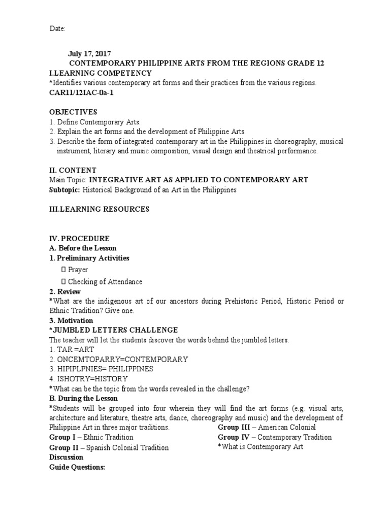 Lesson Plan in Contemporary Philippine A | PDF | The Arts | Philippines