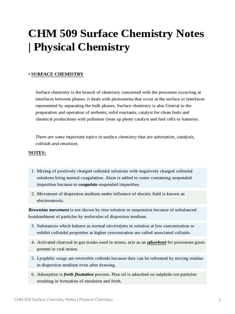 Surface Chemistry Concepts and Notes | PDF | Colloid | Adsorption