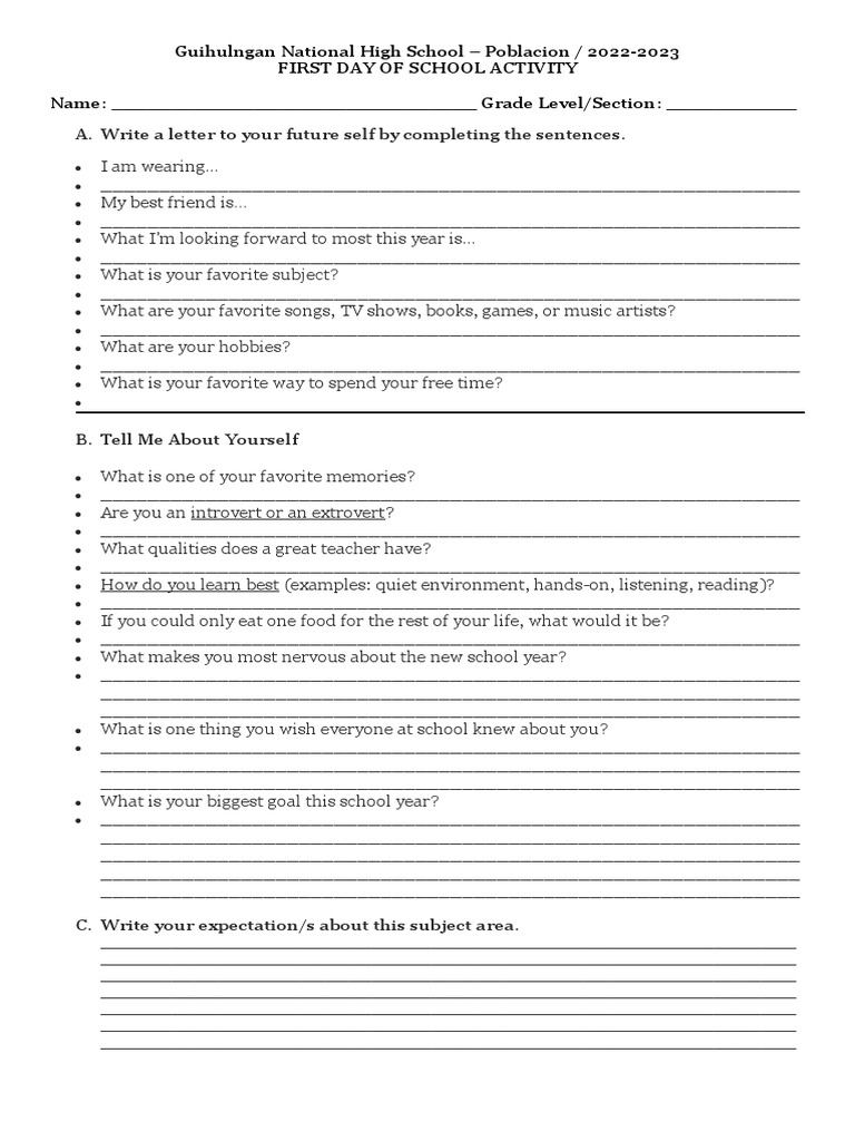 First Day of School Activity | PDF | Career & Growth | Social Science