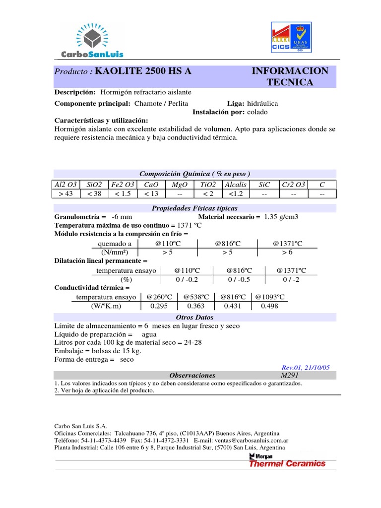 Kaolite 2500 HS A - M291 | PDF | Hormigón | Química
