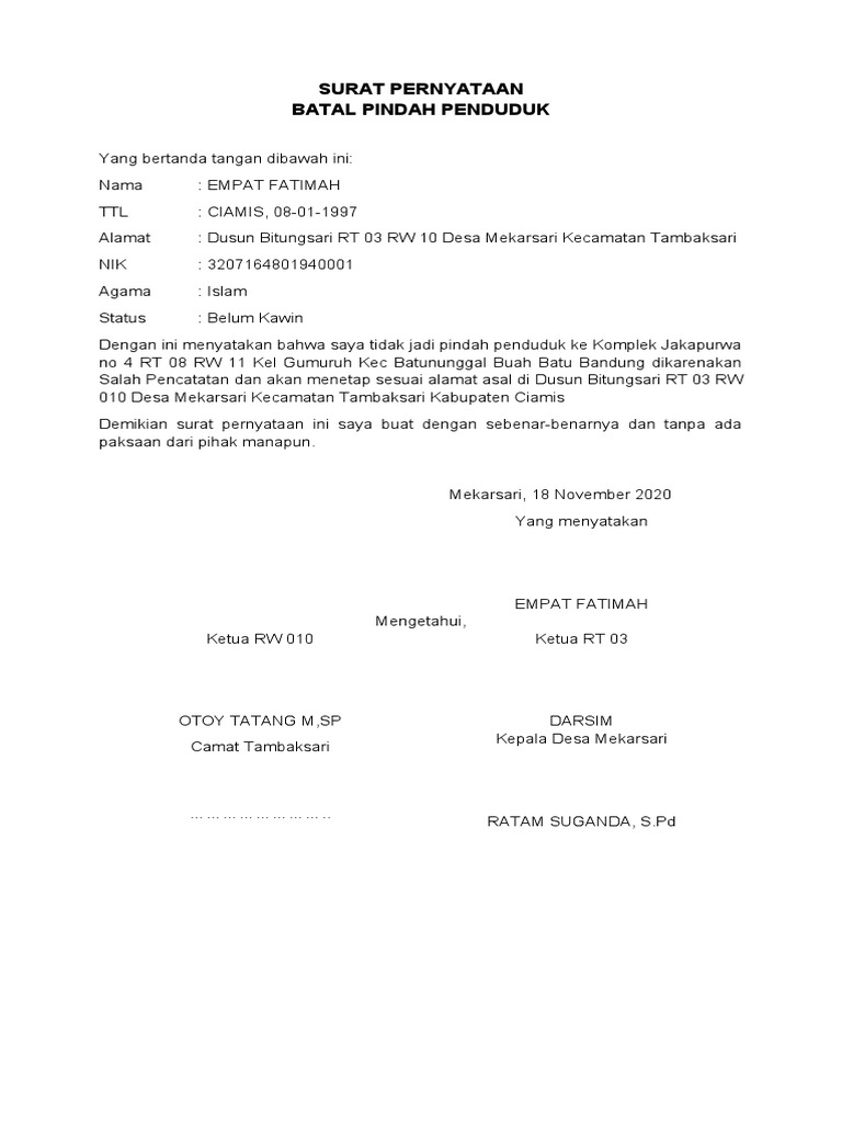 Surat Pernyataan Batal Pindah | PDF