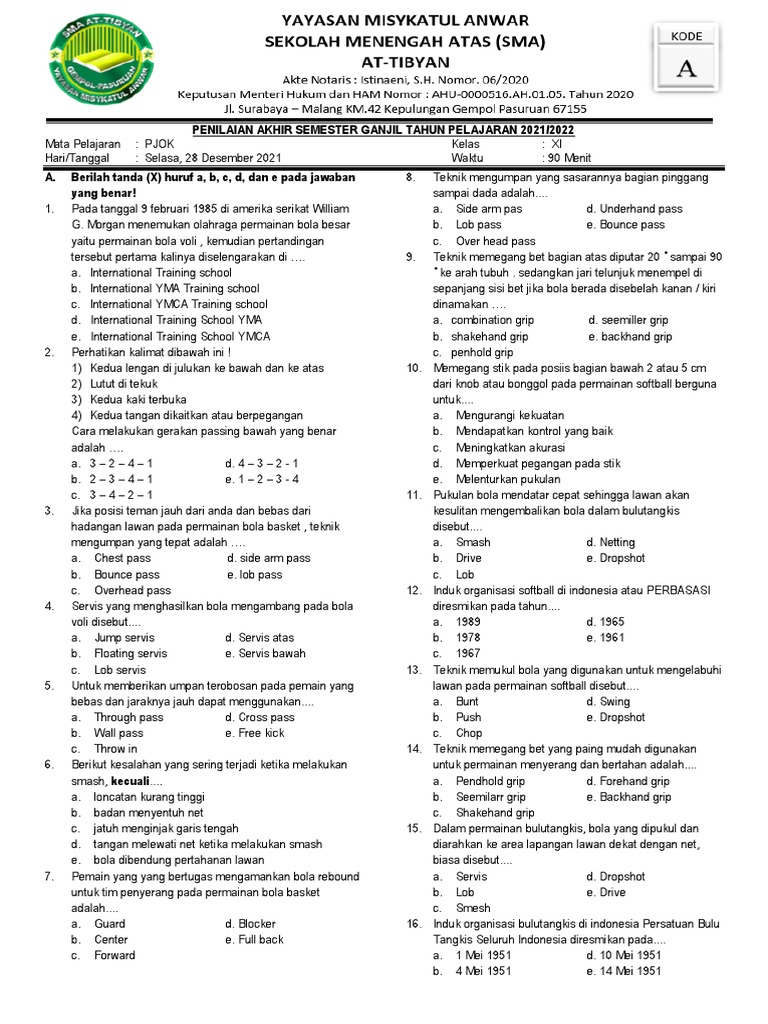 Format Soal A Pas Ganjil Kelas Xi Pjok | PDF
