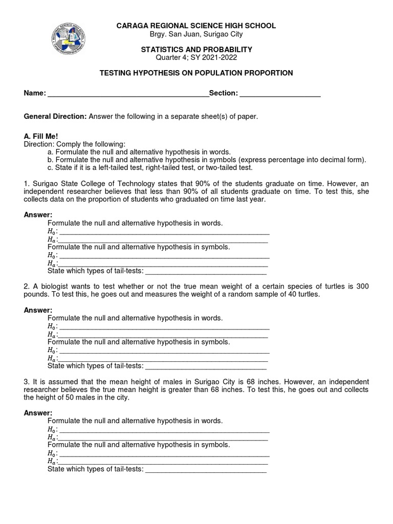 Statprob Q4 Worksheet No 3 Testing Hypothesis On Population Proportion Download Free