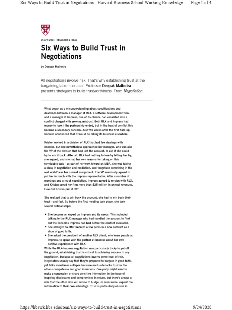 Six Ways To Build Trust Pdf Negotiation Psychological Concepts