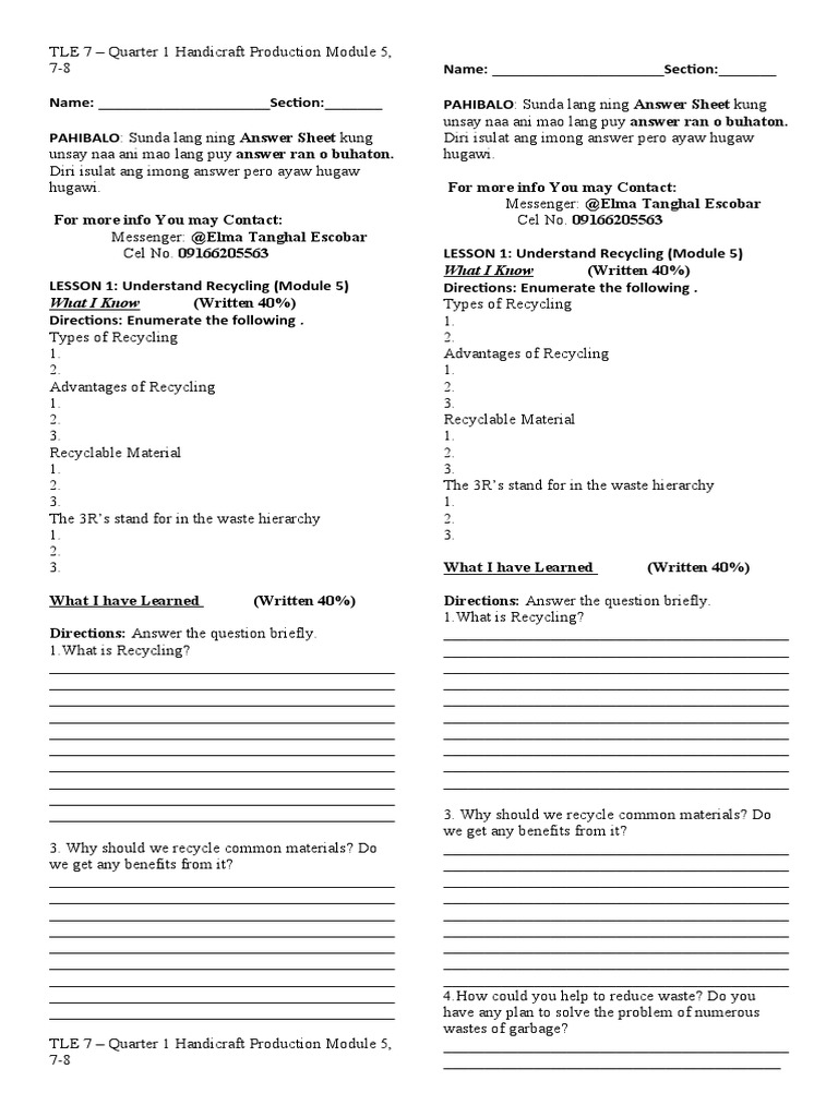 Answersheet Handicraft 7 Module 5 8 | PDF | Recycling | Human Impact On ...
