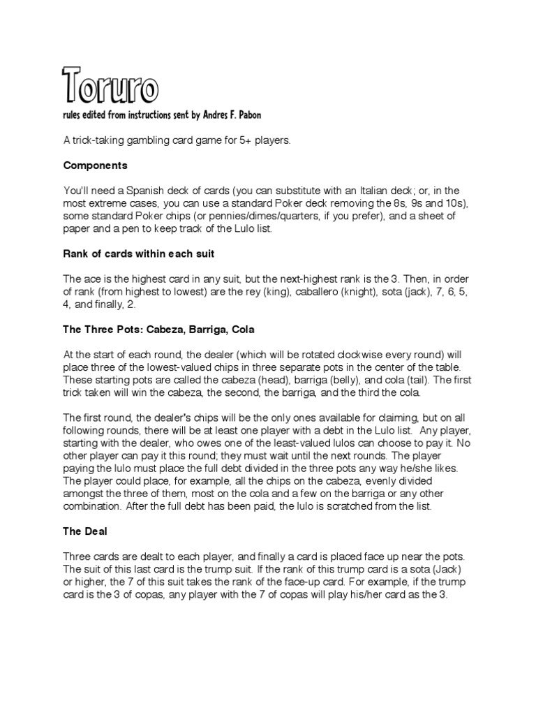 Lulo Toruro Rules | PDF | Playing Cards | Trick Taking Card Games