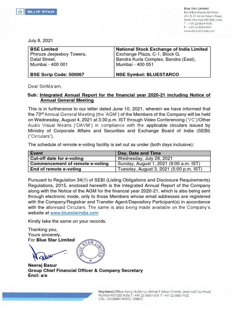 Bluestar Annual Report 2021 22 Pdf Electronic Voting Login