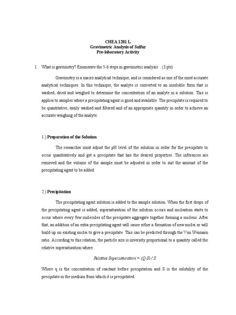 CHEA 1201L - PreLab For Gravimetric Analysis - Gravimetric Analysis of ...