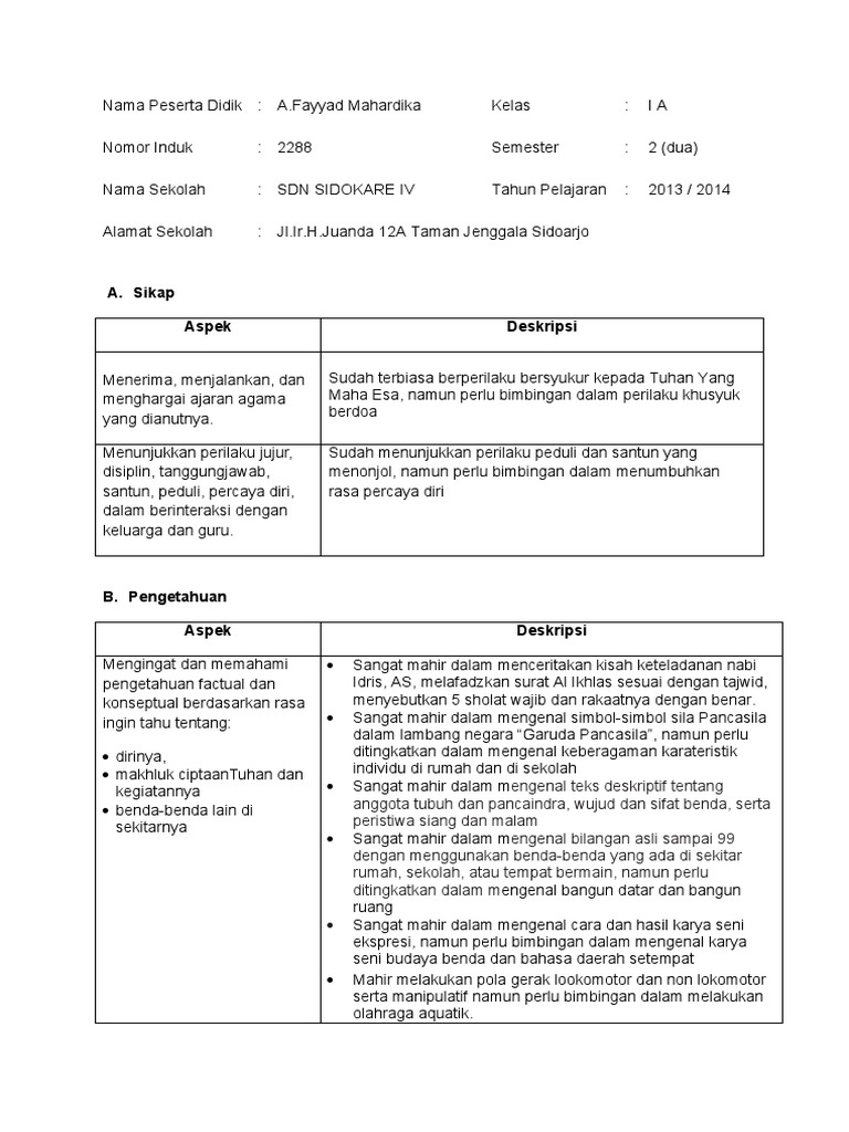Contoh Rapot Jadi | PDF