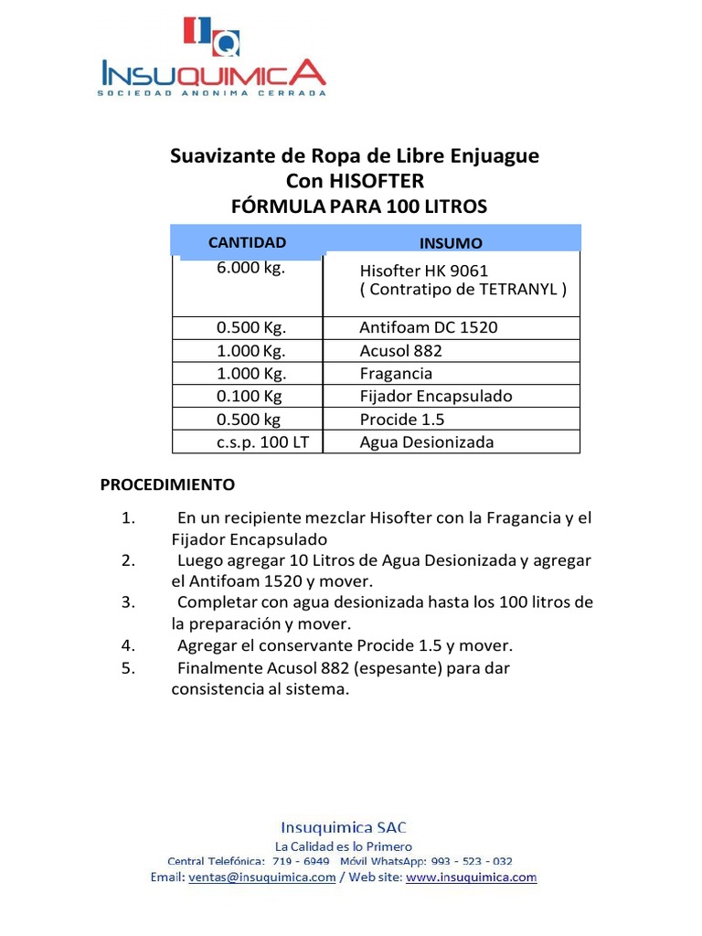 Suavizante de Ropa de Libre Enjuague Con Hisofter | PDF | Salud y bienestar