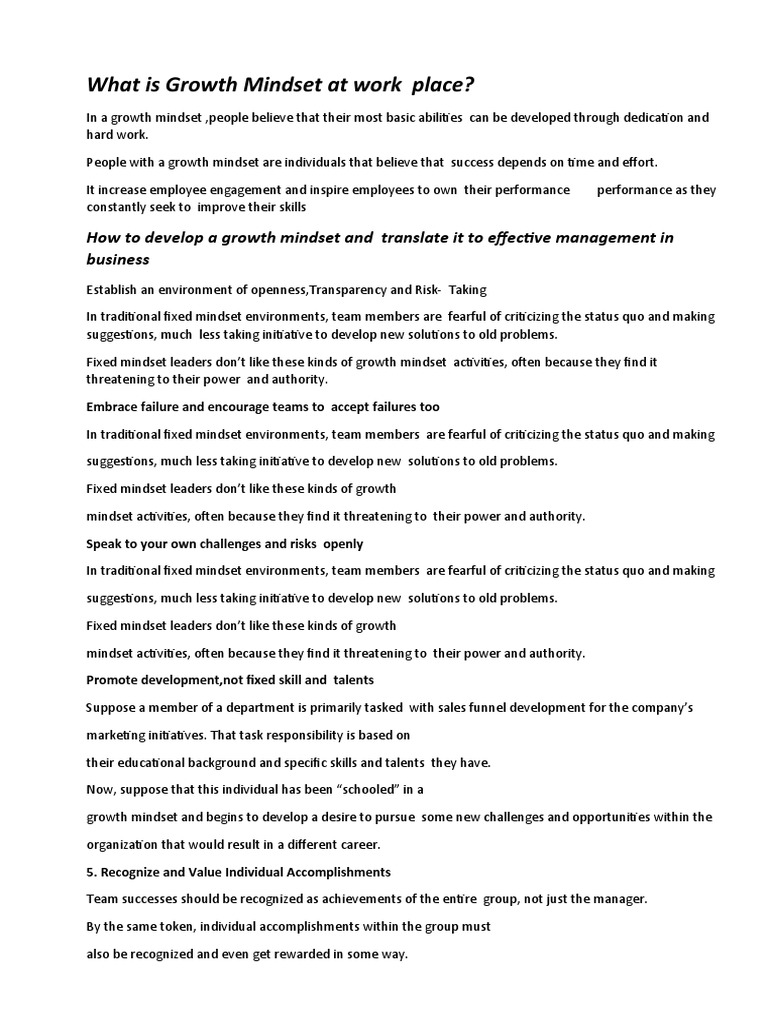 What Is Growth Mindset at Work Place | PDF | Mindset | Behavior Modification