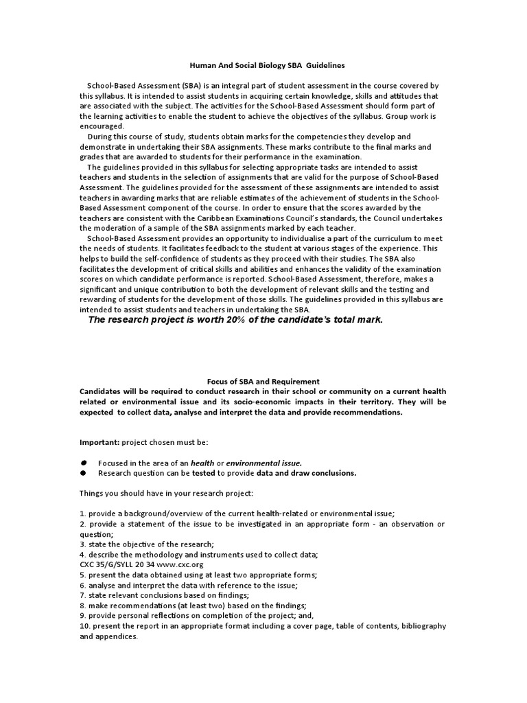 Human and Social Biology SBA Guidelines | PDF | Educational Assessment ...