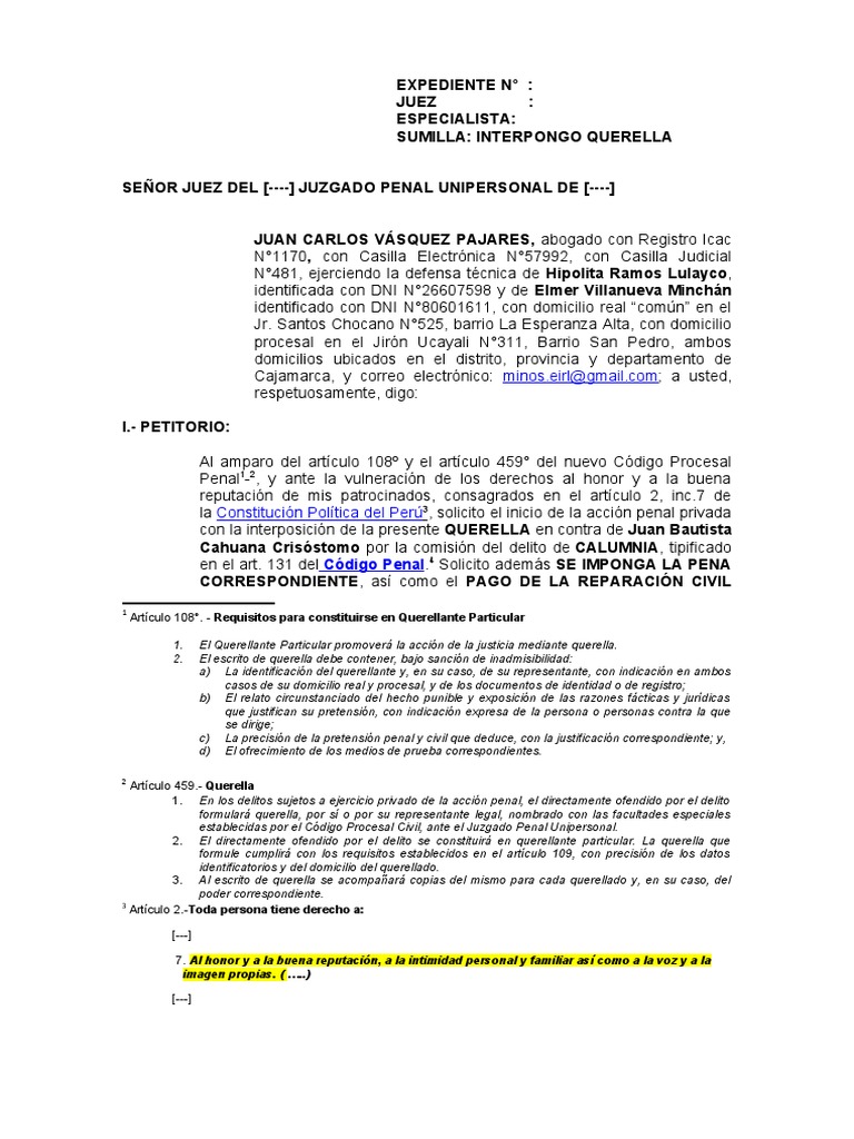 Querella Por Delito de Calumnia | PDF | Queja | Judicaturas