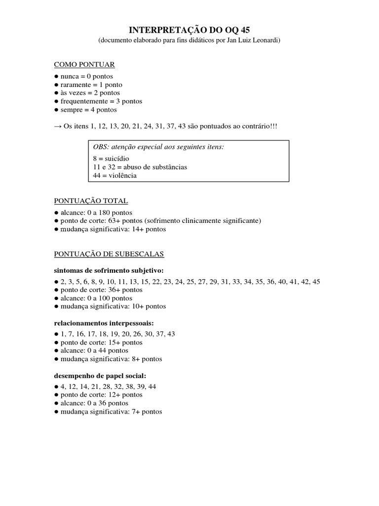Interpretação do OQ-45 e Pontuação | PDF