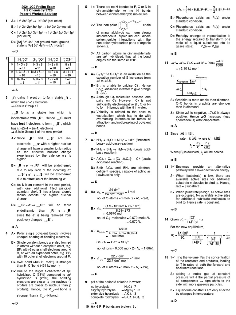 2021 EJC JC2 Prelim H2 Chemistry Paper 1 Worked Solution | Download Free PDF | Chemical Bond ...