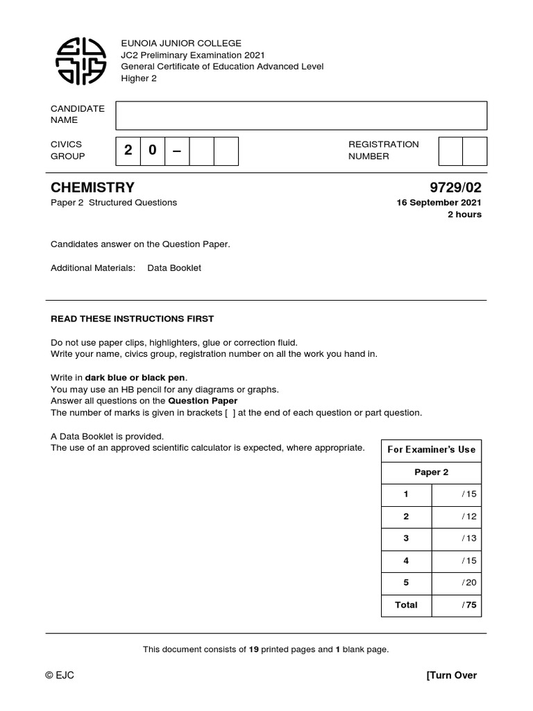 2021 EJC JC2 Prelim H2 Chemistry Paper 2 QP | PDF | Materials | Chemistry