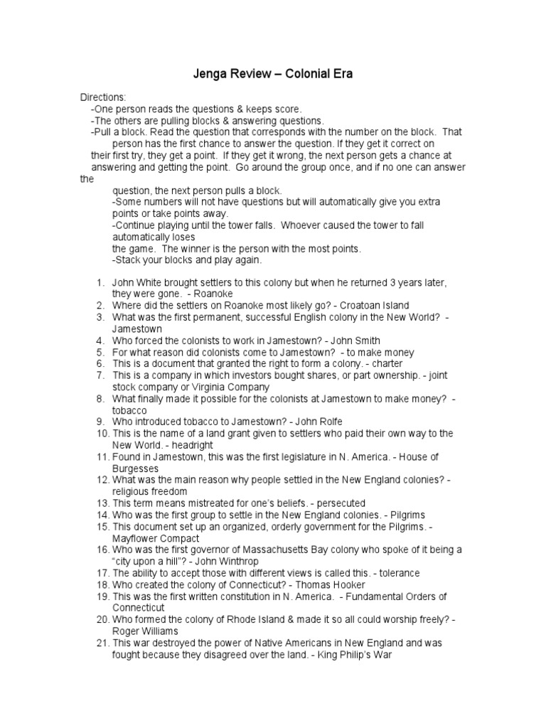 Jenga Review - Colonial Era | PDF | Jamestown, Virginia | Roanoke Colony