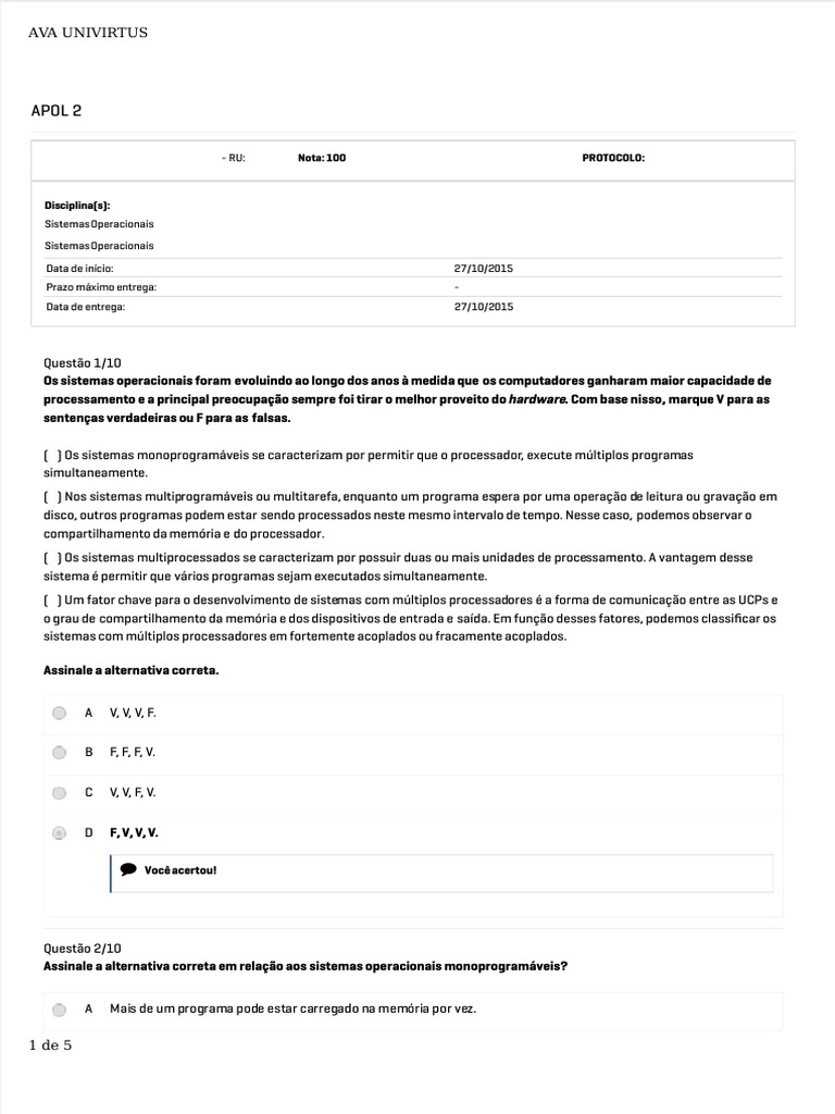 Apol 2 Sistemas Operacionais Uninter | PDF | Negócios | Computadores