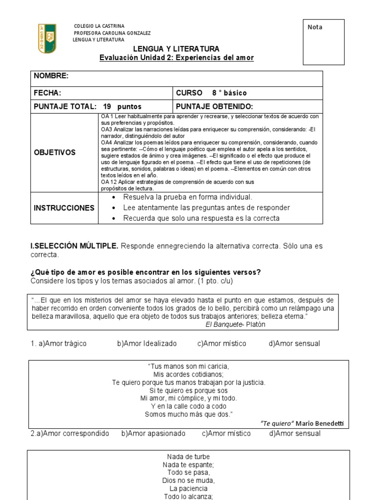 Evaluacion Unidad 2 Experiencias Del Amor | PDF | Amor | Universo