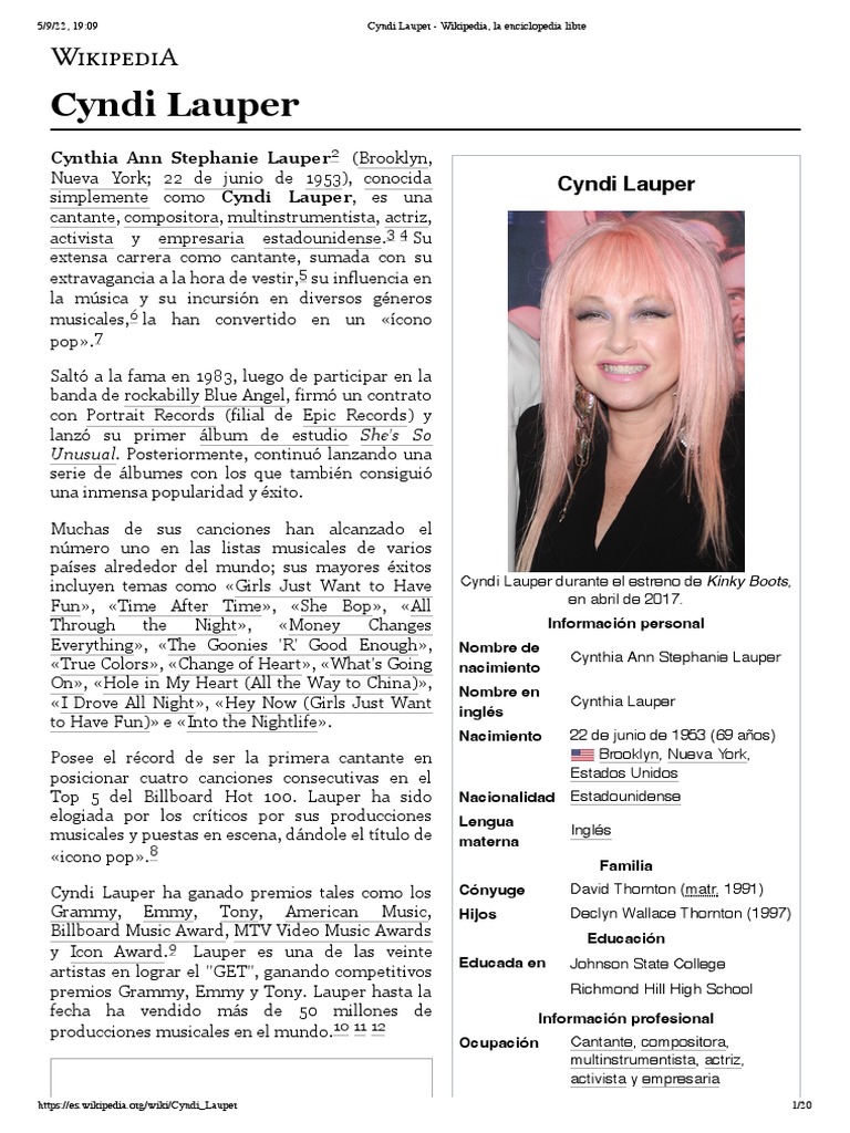 Cyndi Lauper - Wikipedia, La Enciclopedia Libre | PDF
