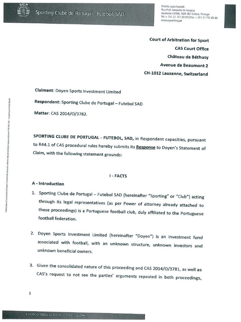 CAS 2014-O-3782 - Sporting Response | PDF