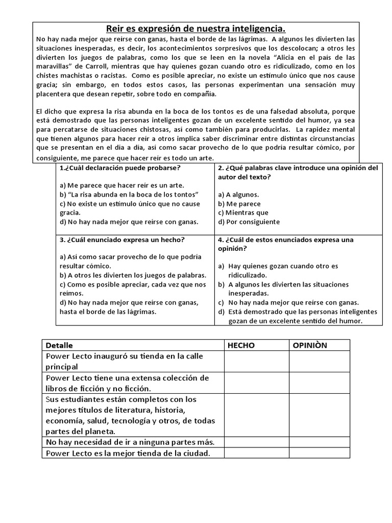 Ejercicios Hecho y Opiniòn | PDF | Humor | La risa