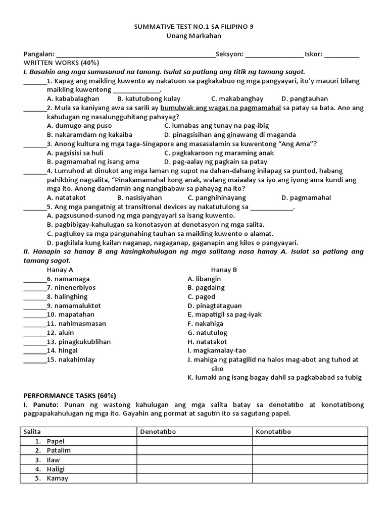 Summative Test No.1 Fil9 | PDF