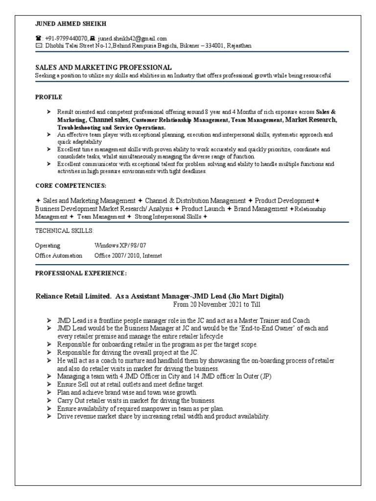 Juned Resume | PDF | Marketing | Retail