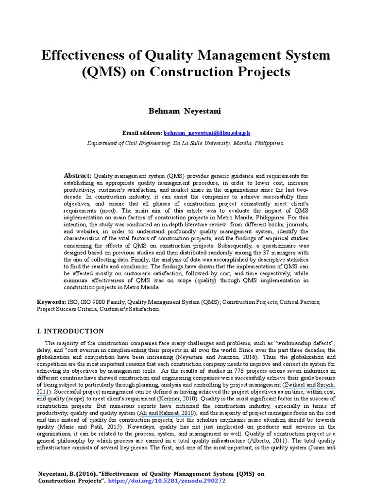 Effectiveness of Quality Management System (QMS) On Construction Projects PDF | PDF | Quality ...