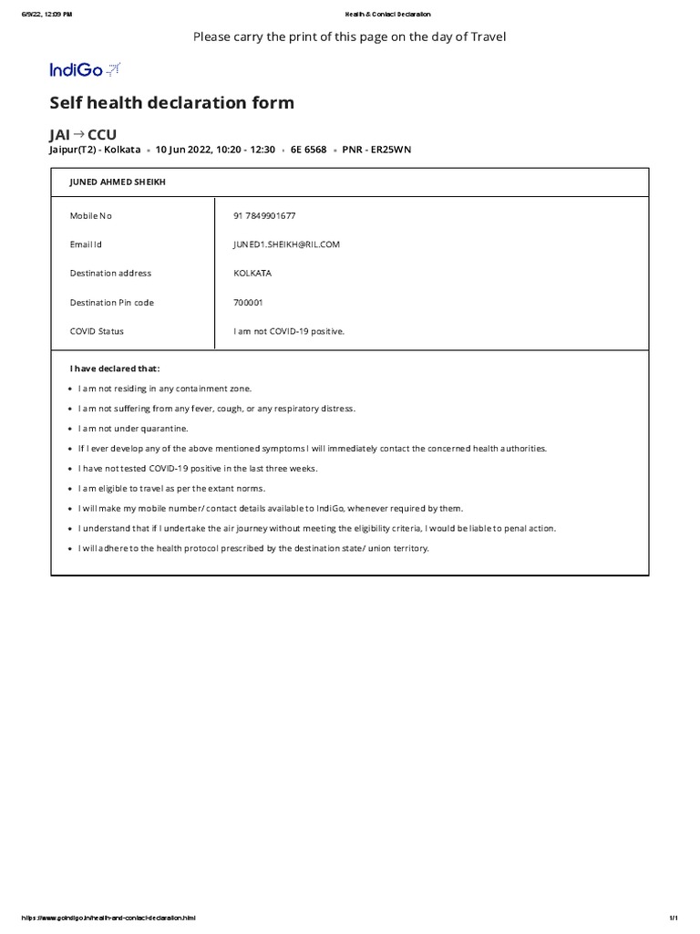Health & Contact Declaration | PDF