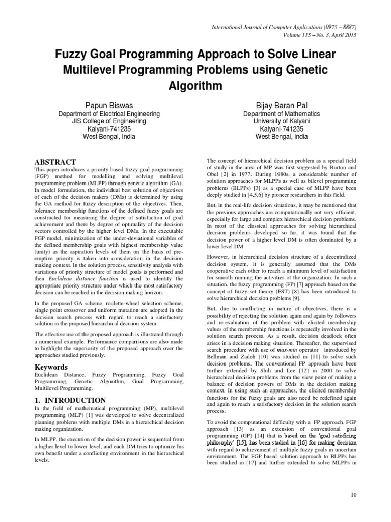 Fuzzy Goal Programming Approach To Solve Pdf Mathematical Optimization Genetic Algorithm
