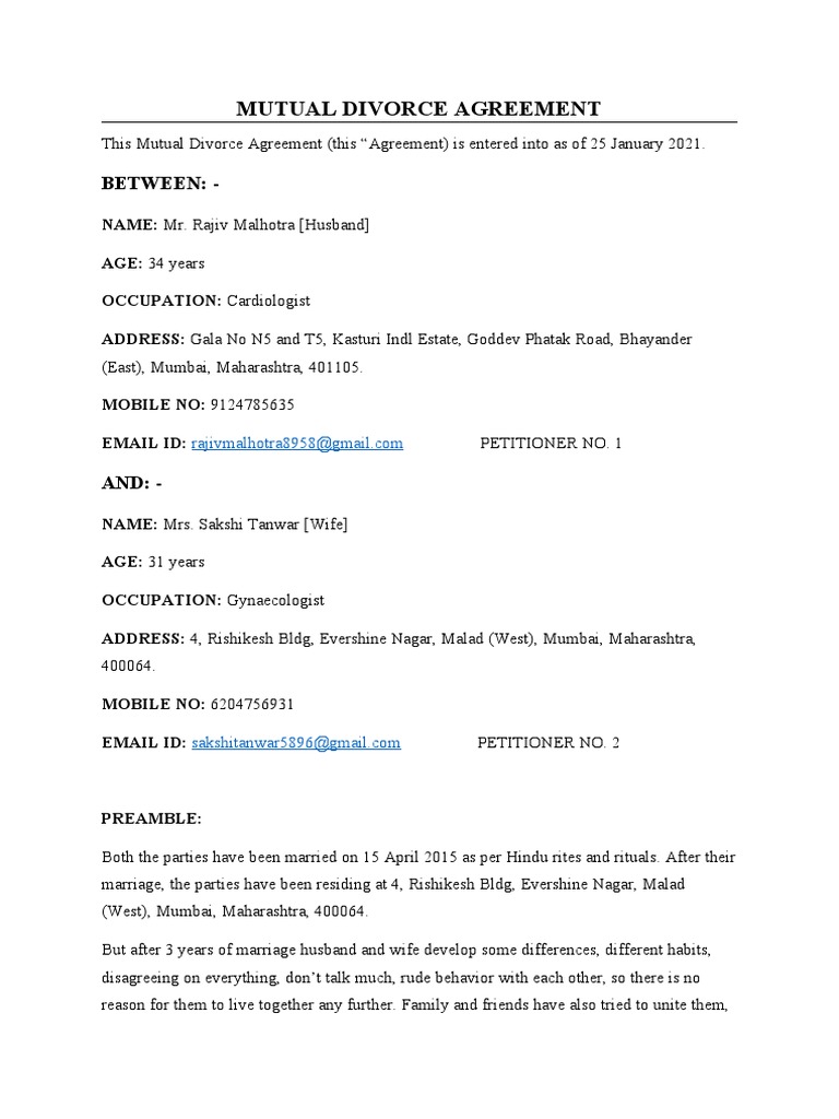 Mutual Divorce Agreement Template | PDF | Divorce | Child Custody