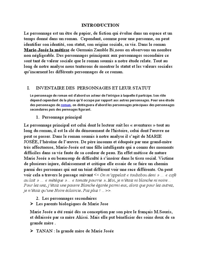 Analyse des personnages de Marie-Josée | PDF | Romans