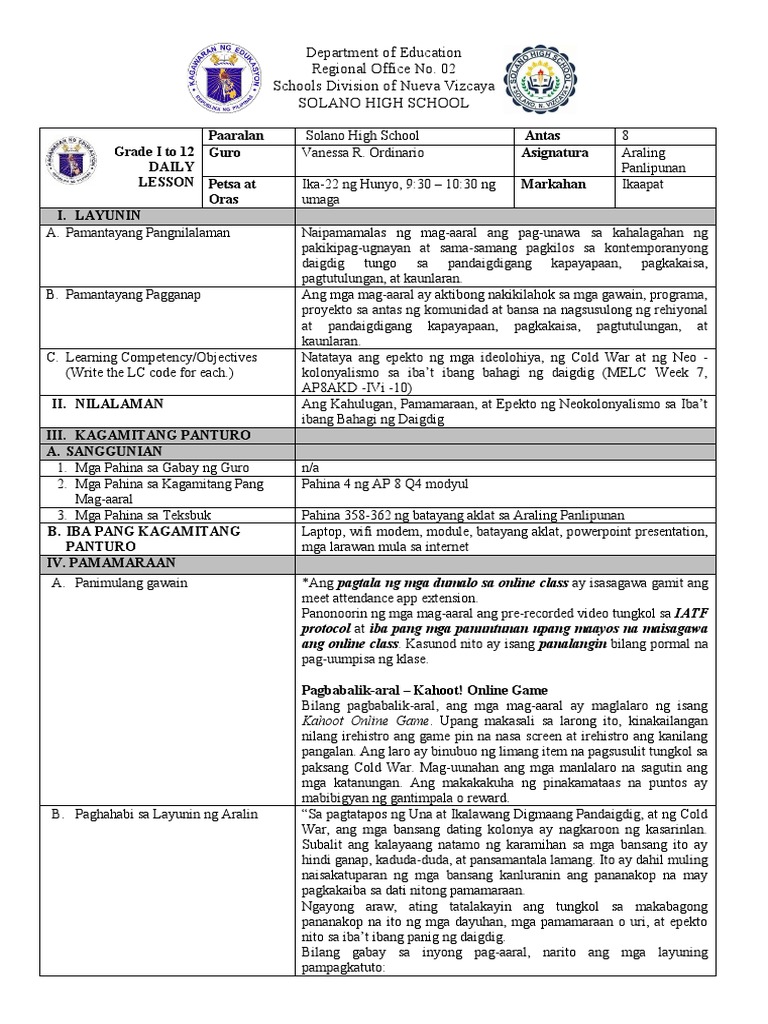 DLL Sa Araling Panlipunan 8 | PDF