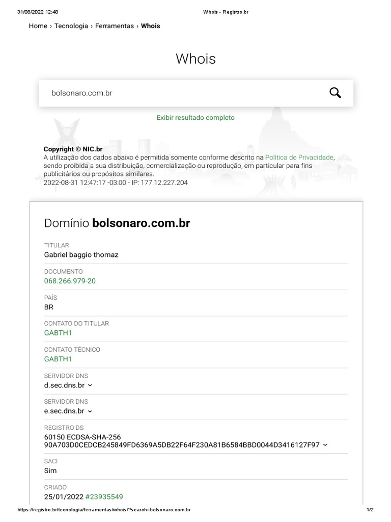 Whois - Registro - BR | PDF | Nome de domínio | Sistema de Nomes de ...