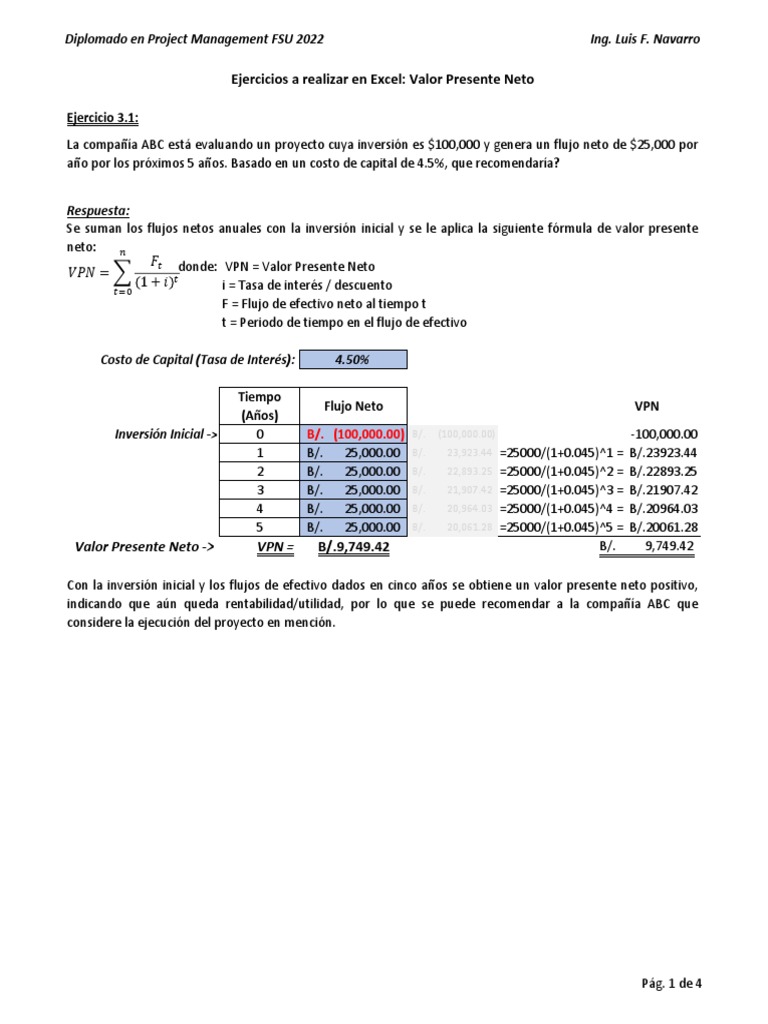 2022.07.16 Ejercicios Sobre Valor Presente Neto VPN | PDF | Valor presente neto | Economias
