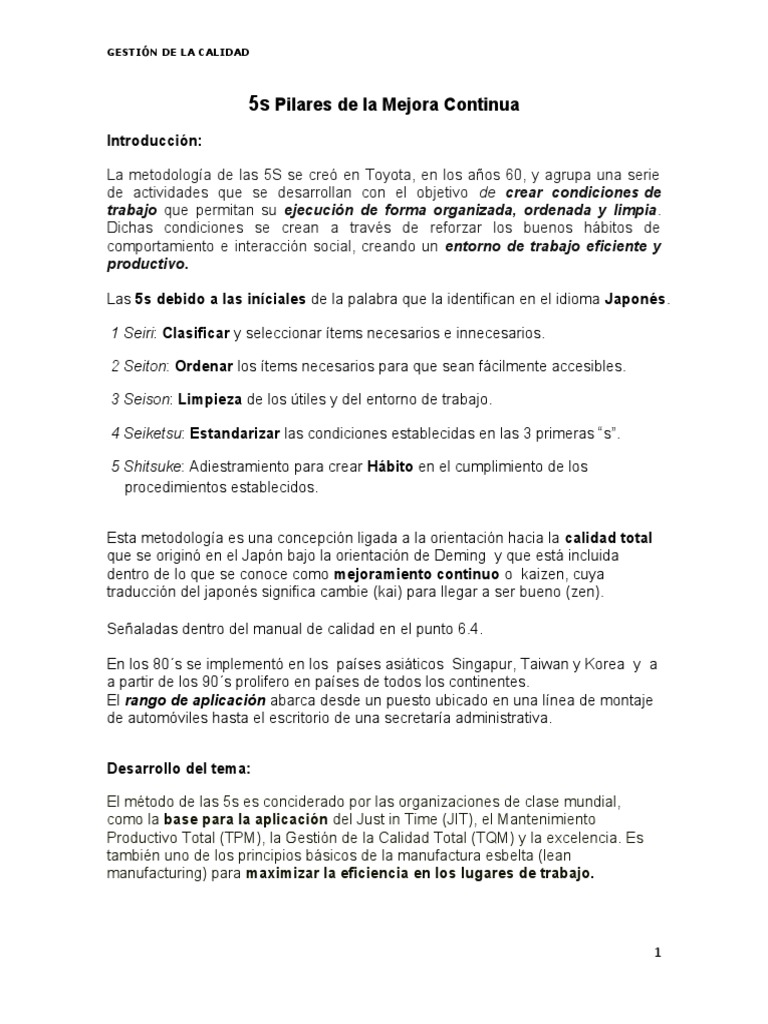 5s Pilares de La Mejora Continua | PDF | Lean Manufacturing ...